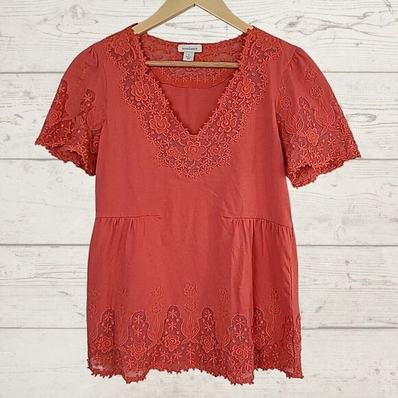 Sundance | Tops | Sundance Top S Coral Orange Knit Embroidered Lace ...